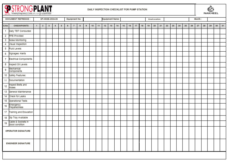 Daily Pump Station Inspection Checklist | PDF