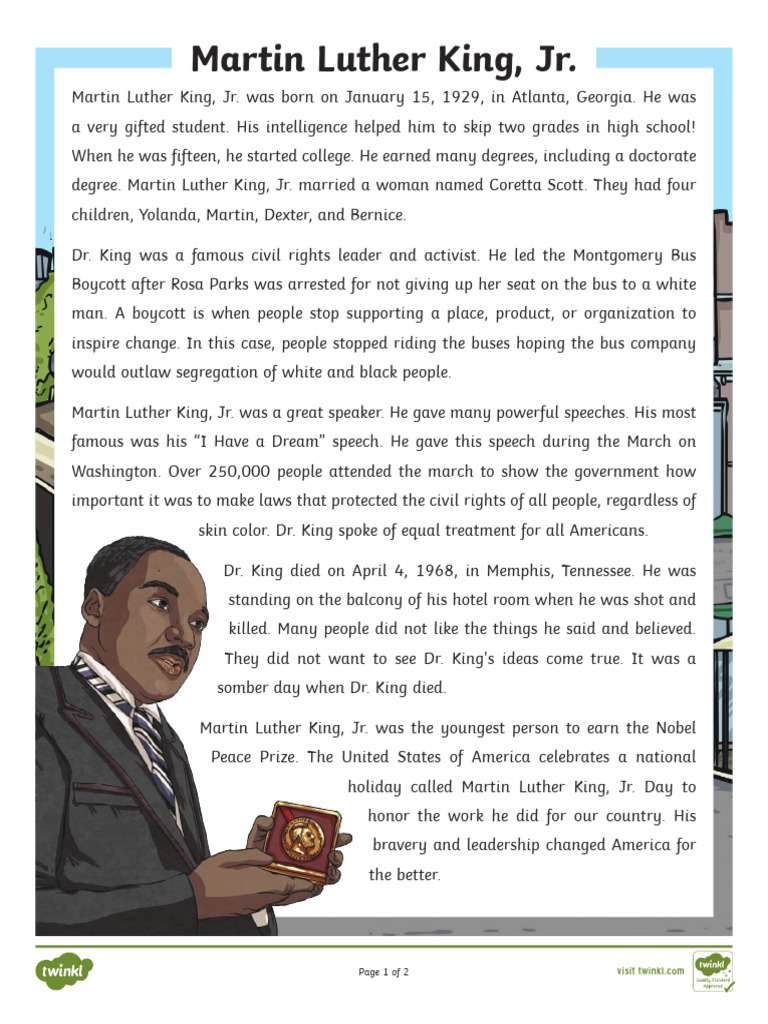 Fourth Grade Martin Luther King, Jr. Reading Comprehension Activity ...