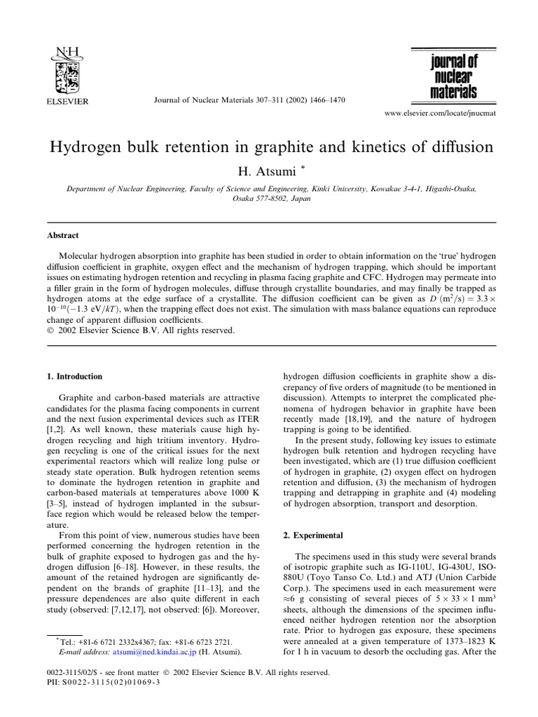 Hydrogen Bulk Retention in Graphite and Kinetics of Diffusion | PDF | Diffusion | Hydrogen