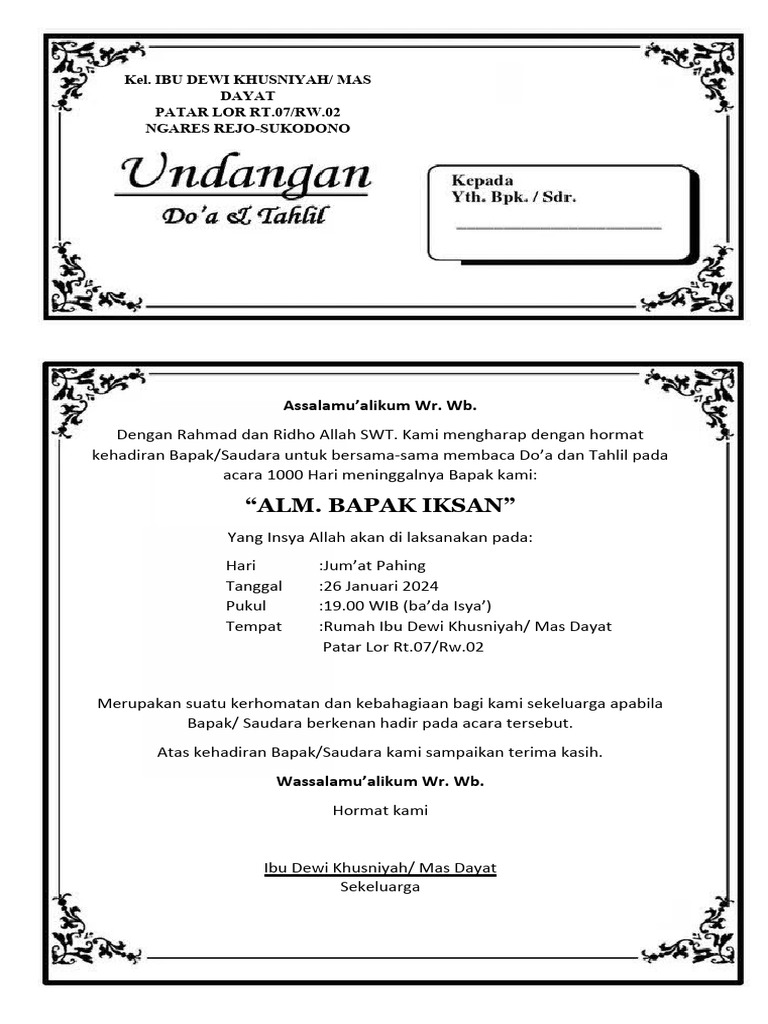 Undangan Tahlil 1000 Hari | PDF