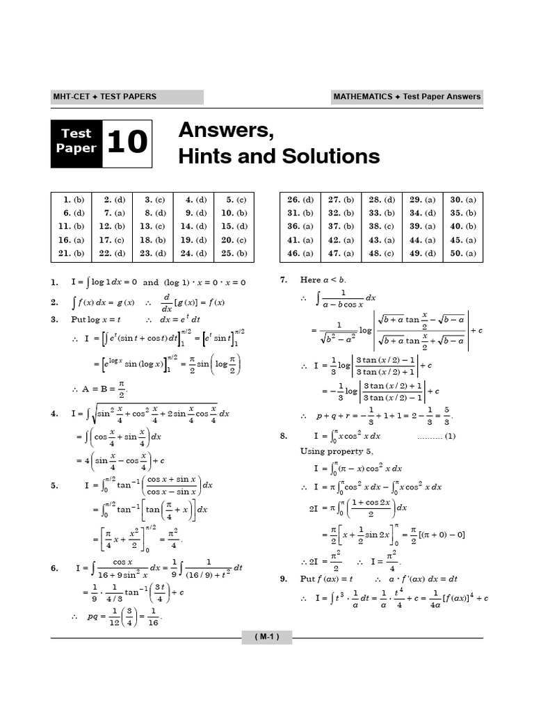 MHT-CET - Mathematics - TP 10 Hints | PDF | Mathematics