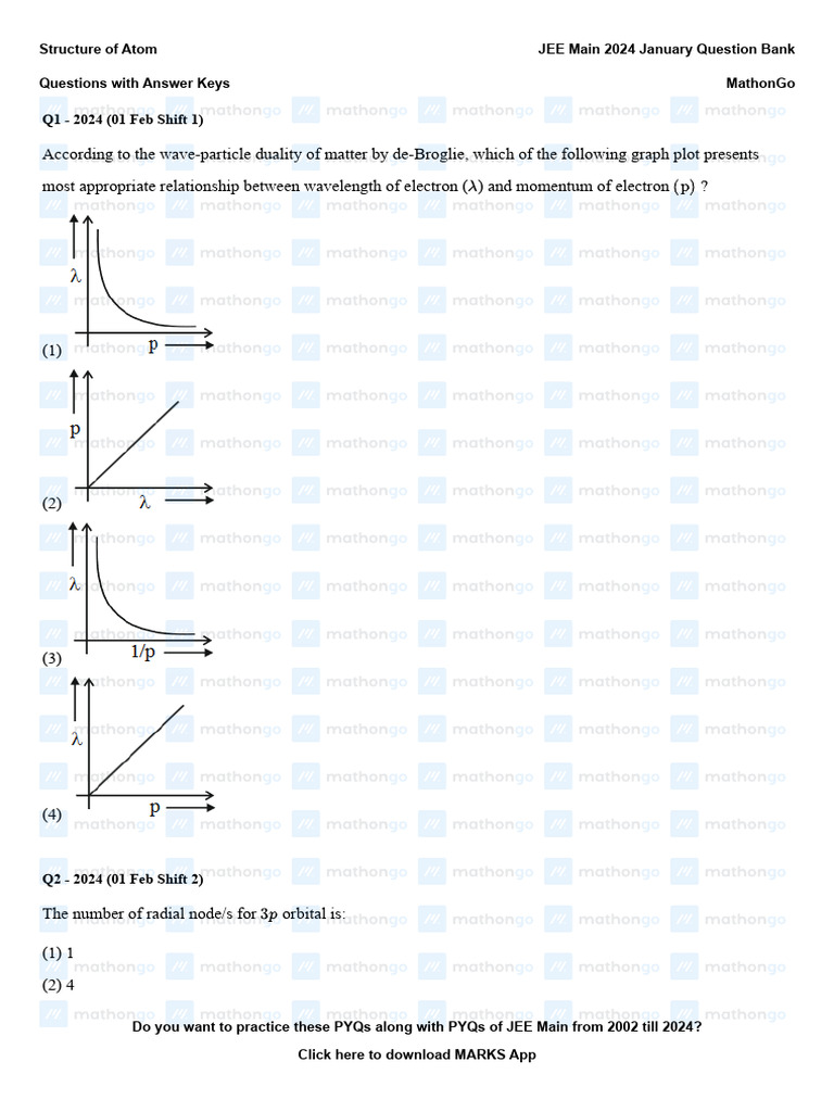 JEE Main 2024 Atomic Structure PYQs | PDF | Atomic Orbital | Chemical Physics