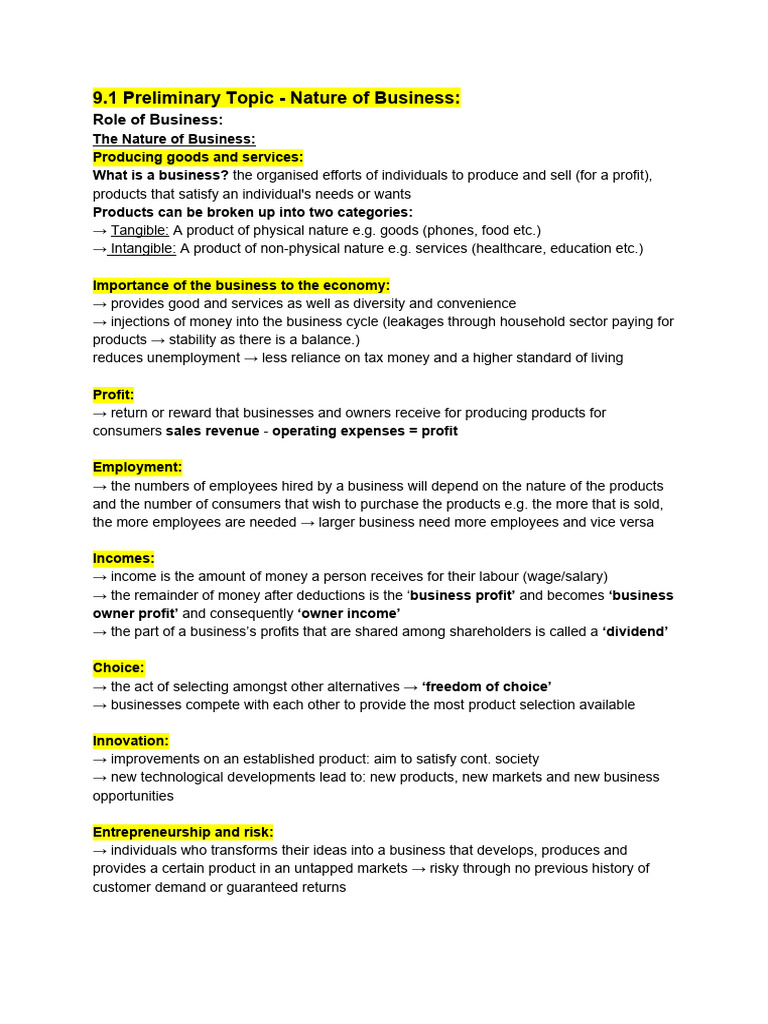 Yr 11 Business Studies Study Notes | PDF