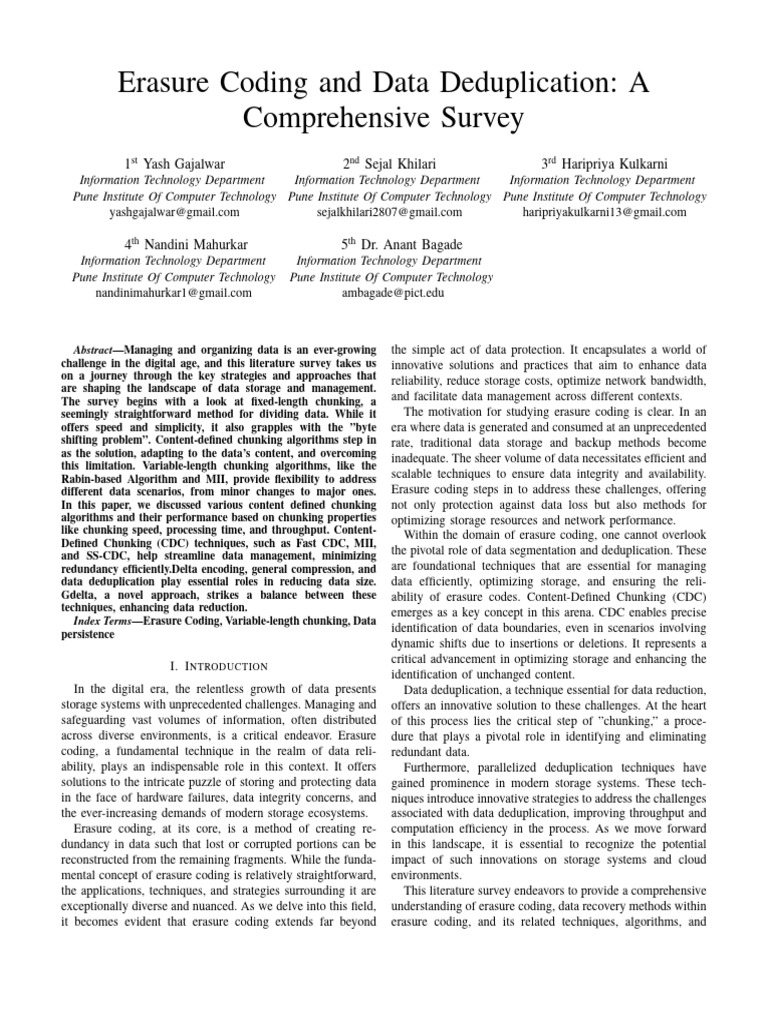 Erasure Coding and Data Deduplication-Survey | PDF | Data Compression | Computer Data Storage