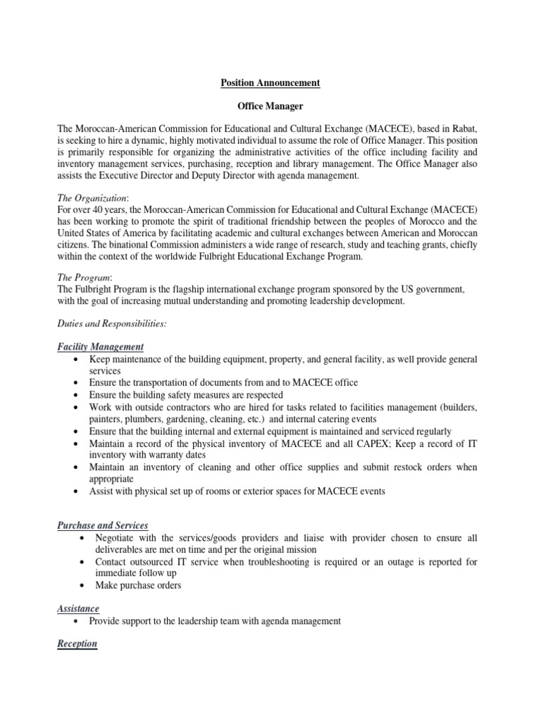Position Announcement Office Manager | PDF | Career & Growth