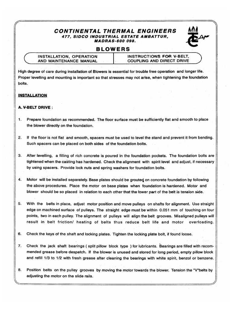 Operating Manual For Blower | PDF