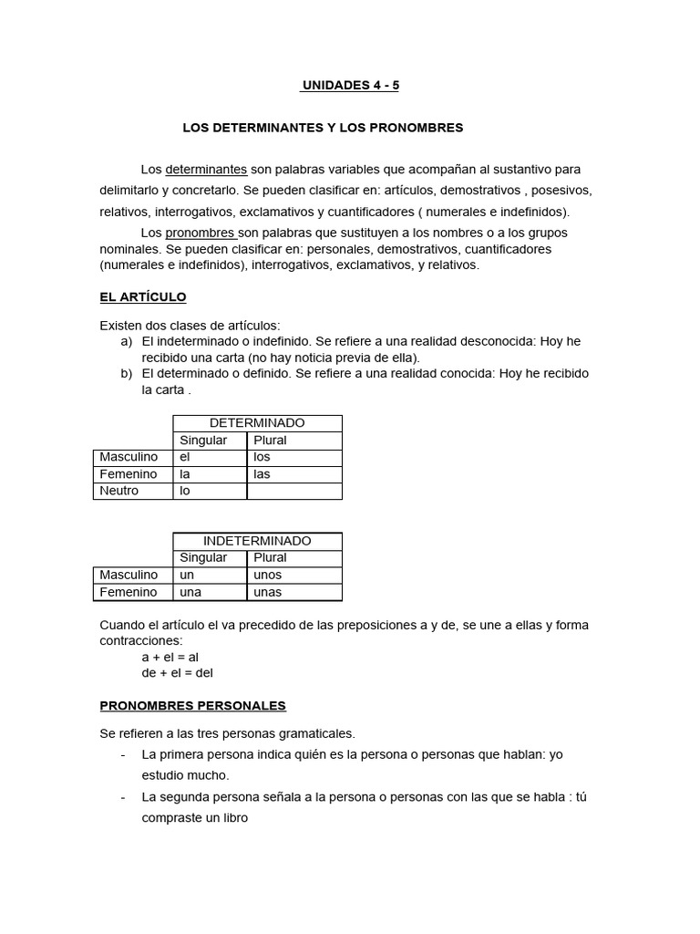 Determinantes y Pronombres Unidad 4 | PDF | Género gramatical | Adjetivo