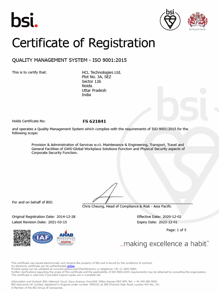 HCLTechnologiesIndiaISO90012015Certificate_BSI_1 | PDF | Iso 9000 | Business