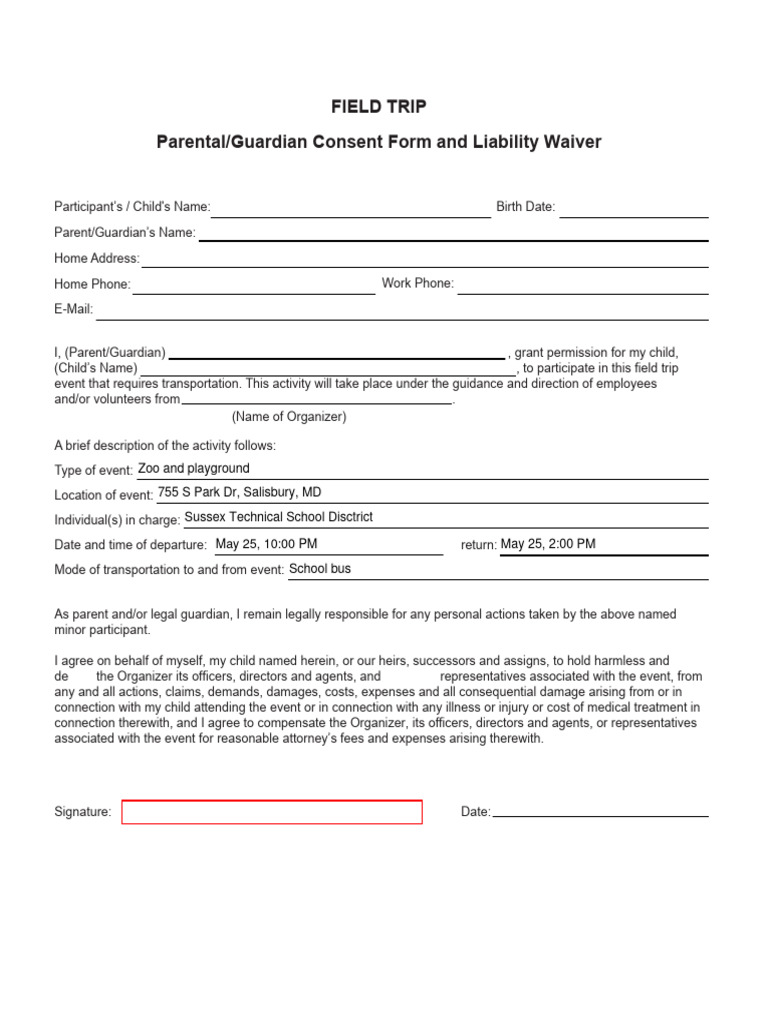 Parent Field Trip Consent Form | PDF | Legal Liability | Medical ...