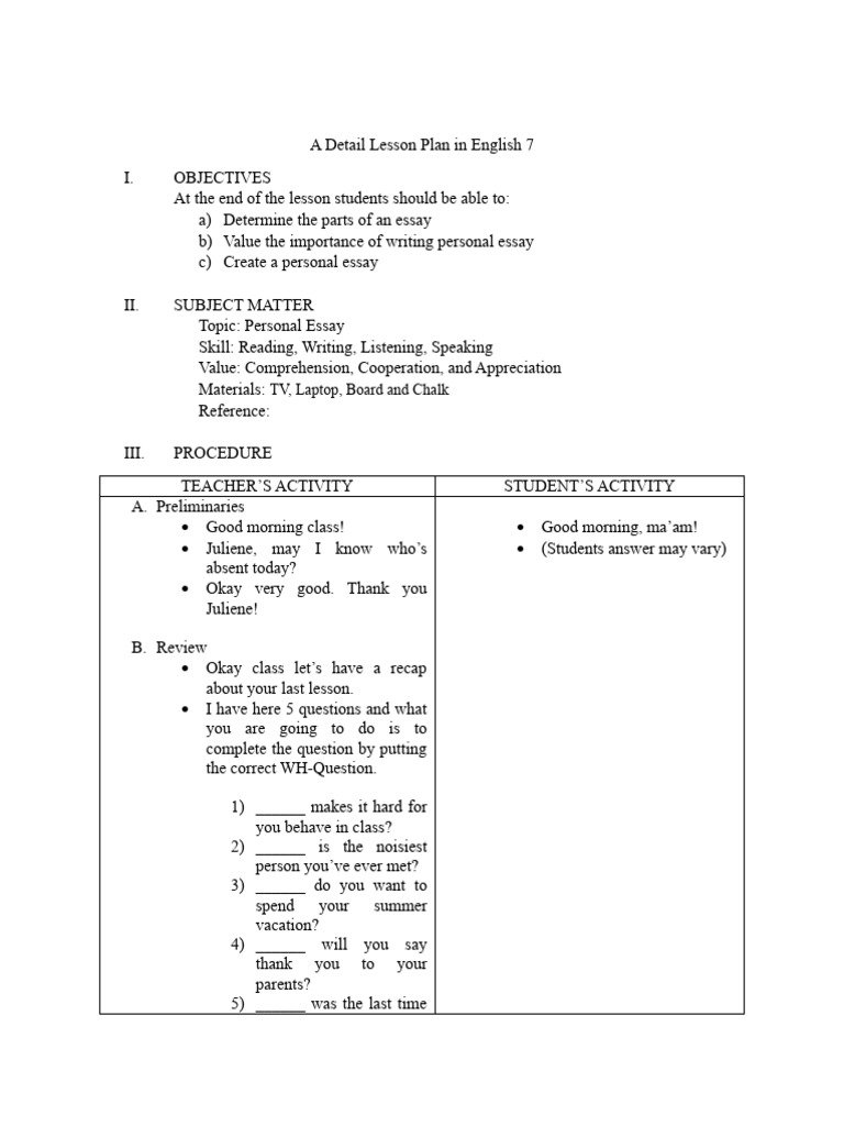 Personal Essay Lesson Plan for Grade 7 | PDF | Essays | Lesson Plan