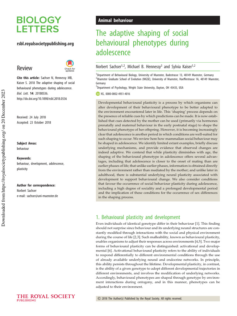 Sachser Et Al 2018 The Adaptive Shaping of Social Behavioural Phenotypes During Adolescence ...