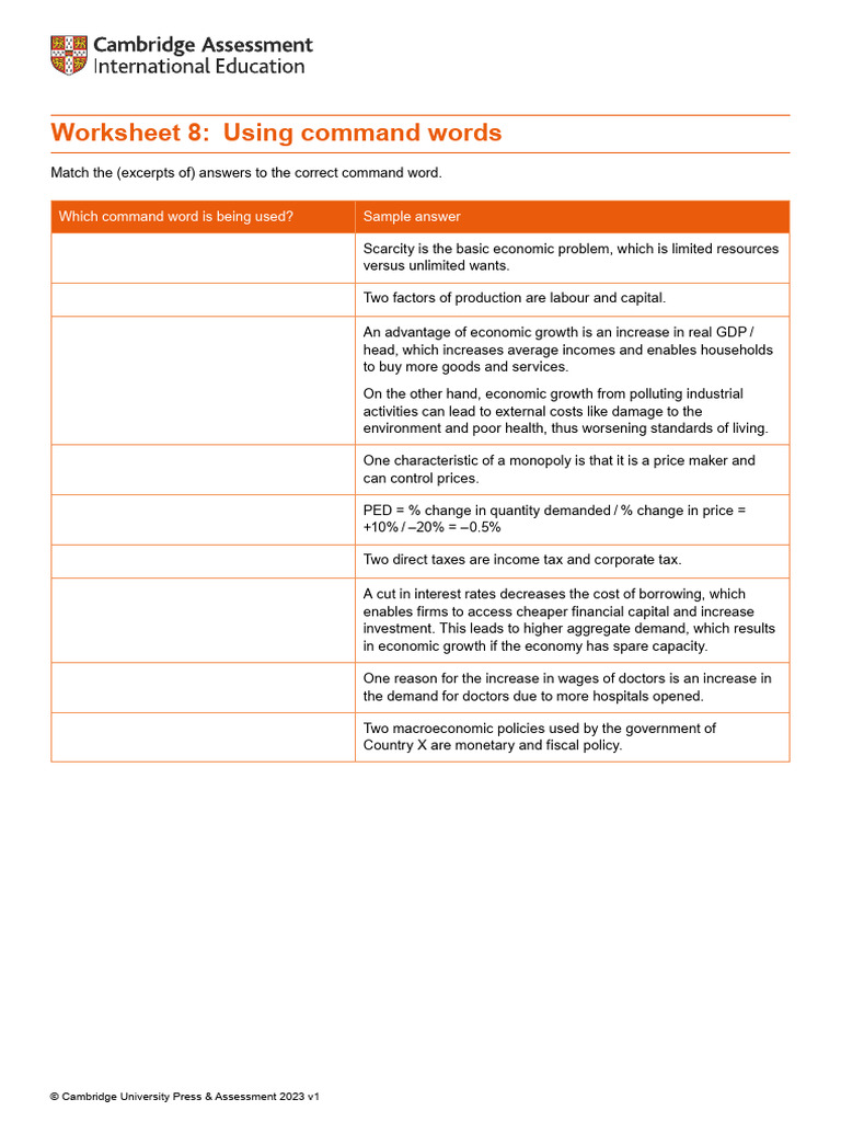 AO1 Worksheet 8 Using command words | PDF