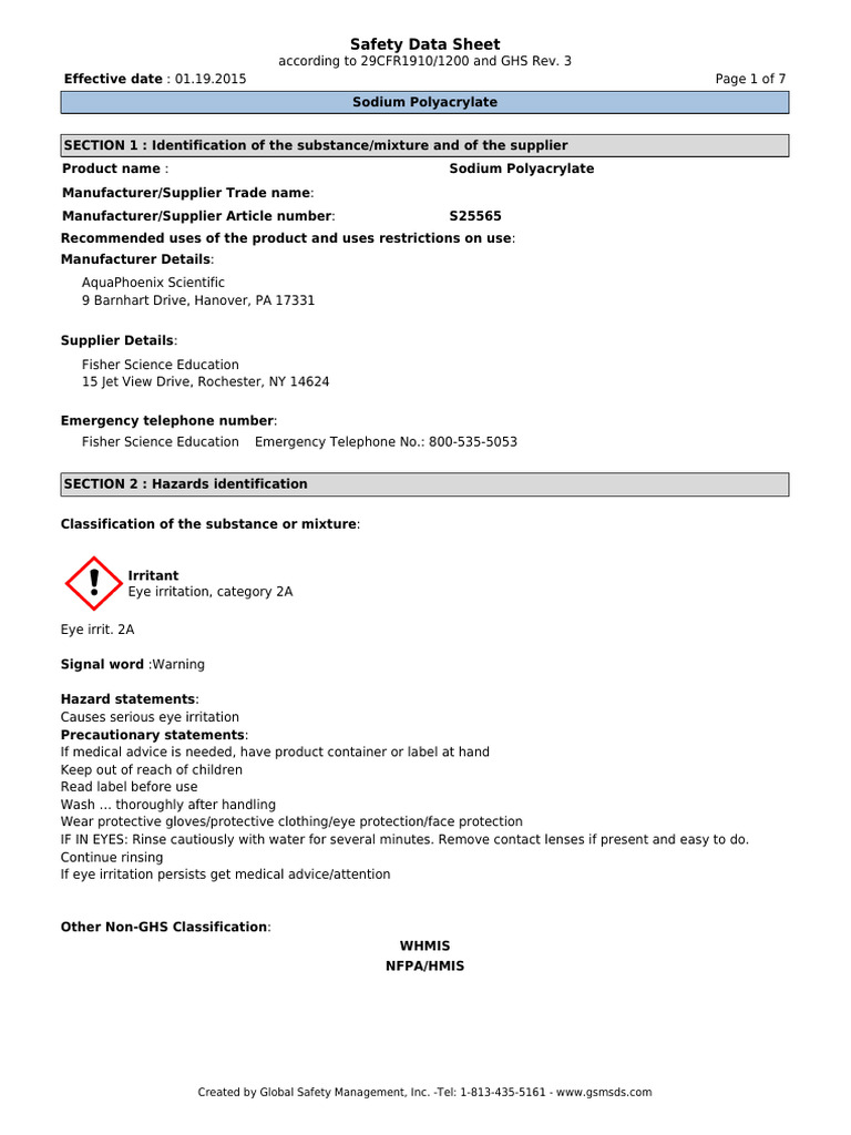 Sodium Polyacrylate Safety Data Sheet | PDF | Waste | Hazardous Waste
