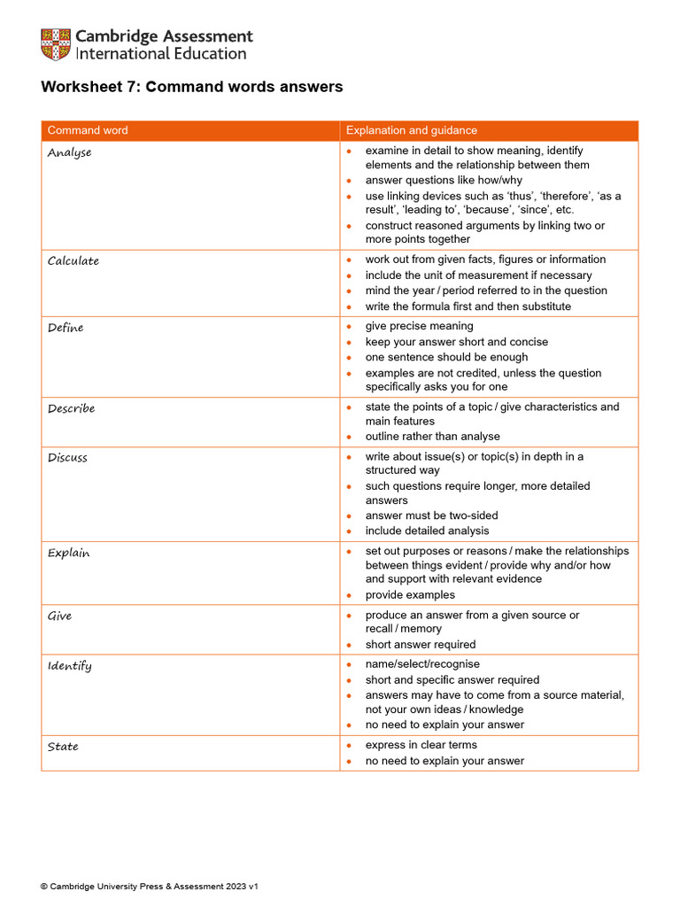 Command Words Guidance Worksheet | PDF | Question | Knowledge