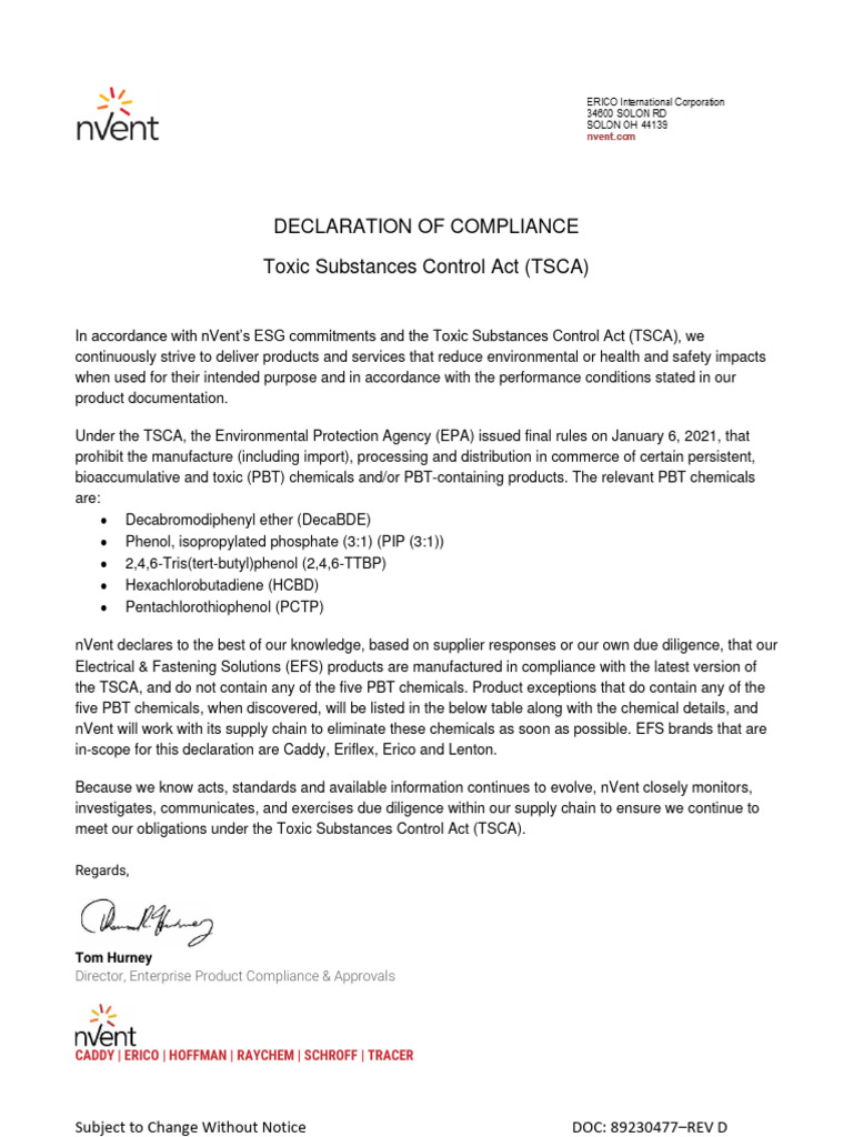 Nvent TSCA Declaration EFS 89230477 | PDF | Environmental Issues | Safety