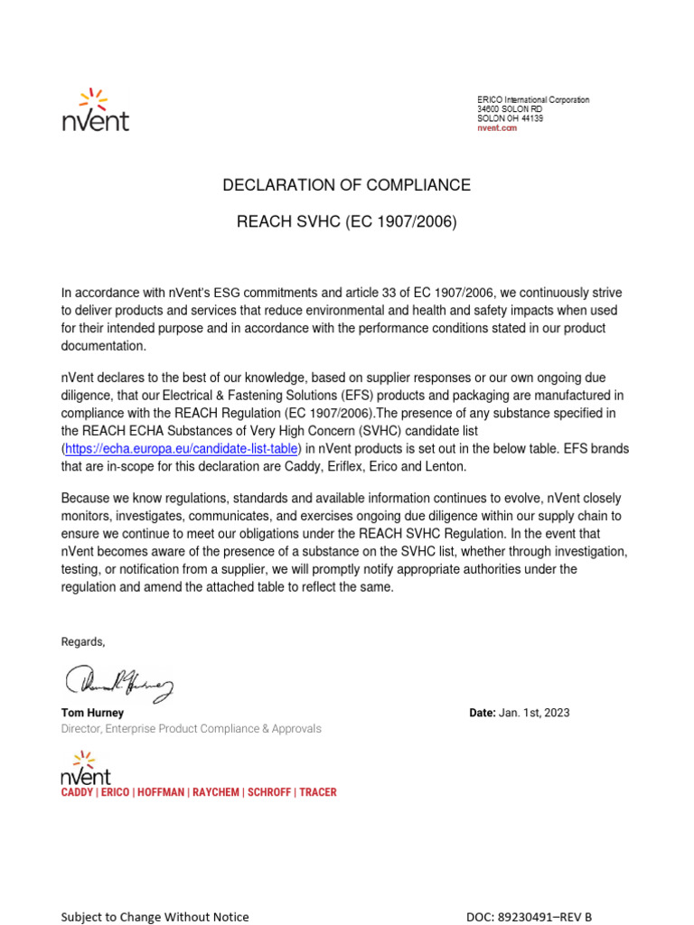 Nvent REACH Declaration EFS 89230491 | PDF