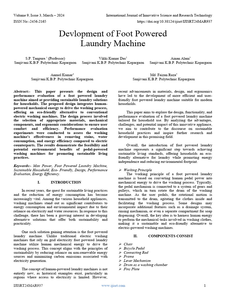 Devlopment of Foot Powered Laundry Machine | PDF | Washing Machine ...