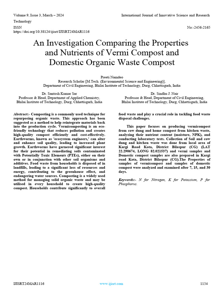 An Investigation Comparing The Properties and Nutrients of Vermi Compost and Domestic Organic ...