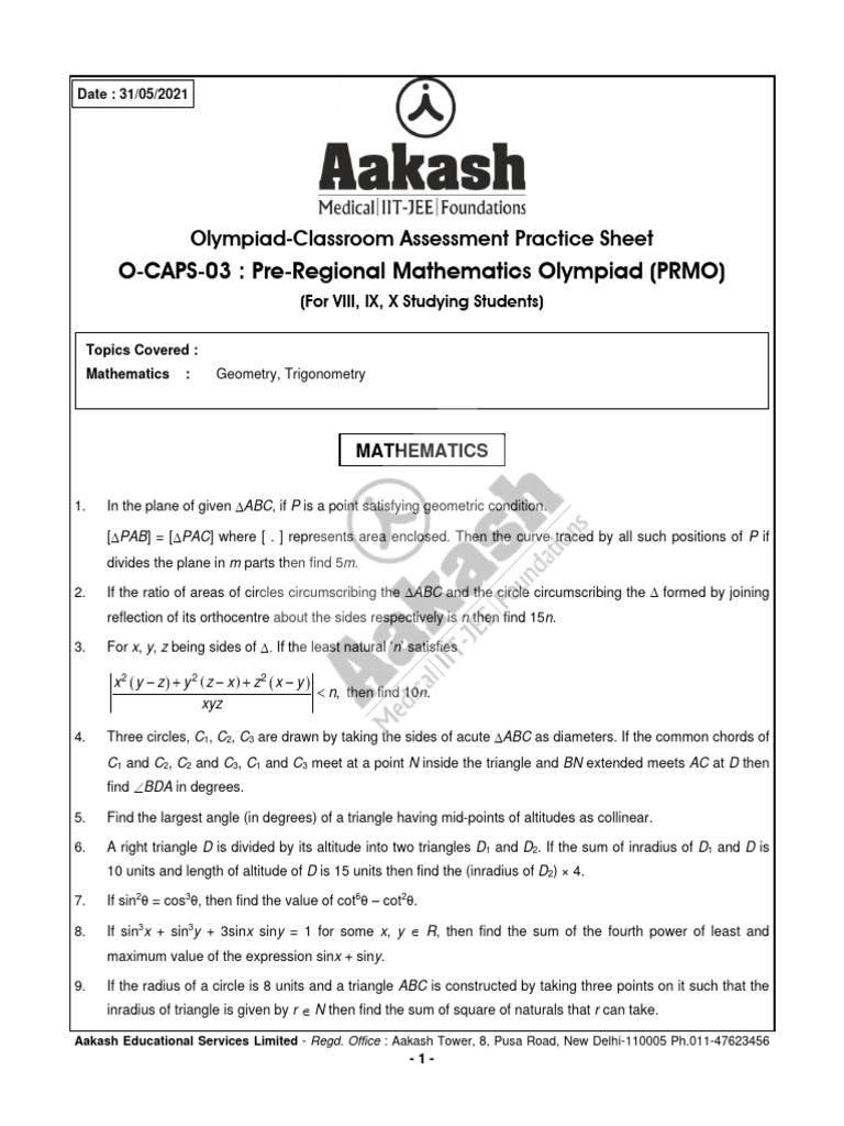 PRMO Assessment for Class VIII-X Students | PDF | Triangle | Circle