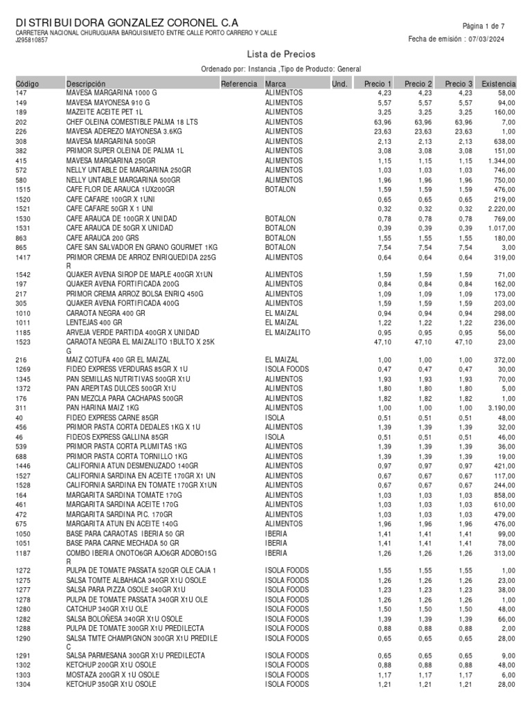 LISTA DE PRECIOS AL 07 03 2024 | PDF | Alimentos | Ingredientes de comida LISTA DE PRECIOS AL 07 03 2024 | PDF | Alimentos | Ingredientes de comida