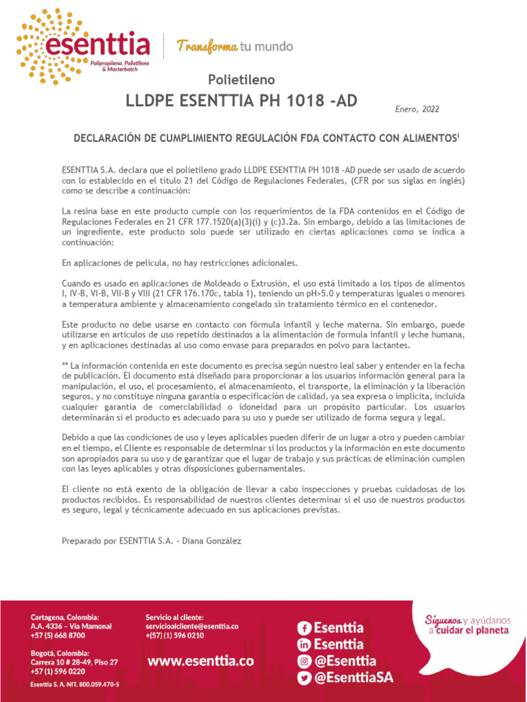 ESENTTIA CCA_ ESP PH 1018-AD - 2022 | PDF | Leche | Alimentos