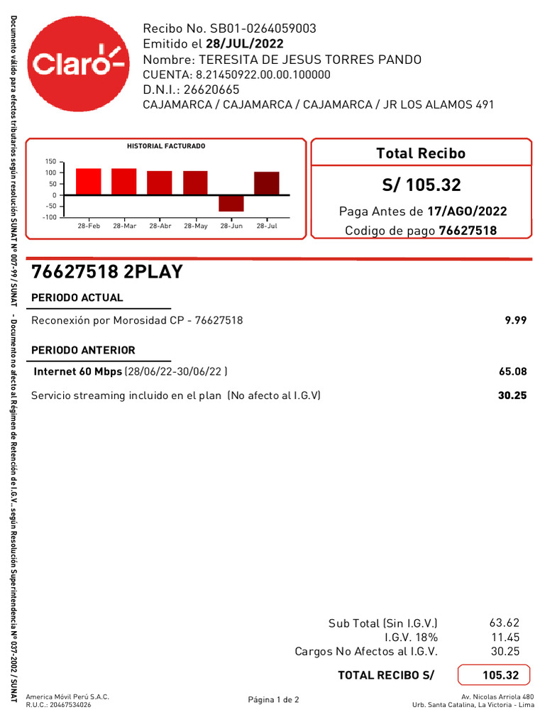 Recibo de Pago Claro Hogar - Julio 2022 | PDF | Telecomunicaciones ...
