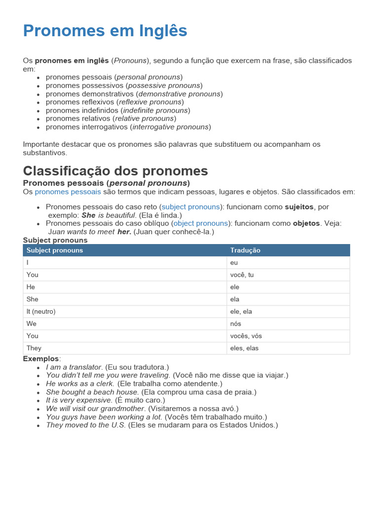 Pronomes em Inglês | Download grátis PDF | Pronome | Número gramatical