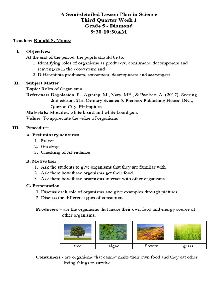 Lesson Plan in Science 5 Week 1 | PDF | Foods | Herbivore