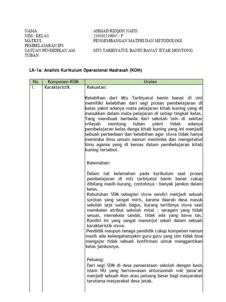 LK 1a Dan 1b Analisis Kurikulum Operasional Madrasah | PDF | Karier & Perkembangan | Kesehatan ...