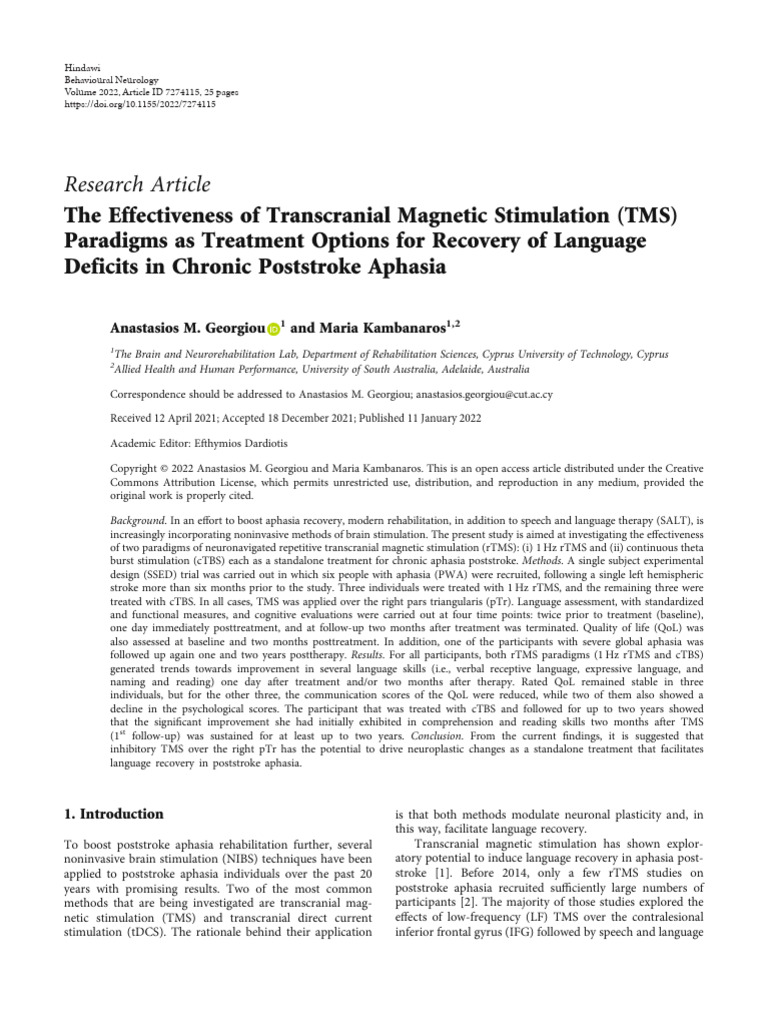 AM Georgiou 2021. Post - Stroke Aphasia TMS | PDF | Aphasia | Brain