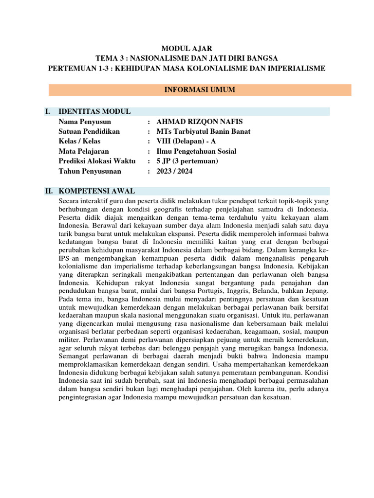 Modul Ajar Pert. 1-3 Ips (Ahmad Rizqon Nafis) | PDF