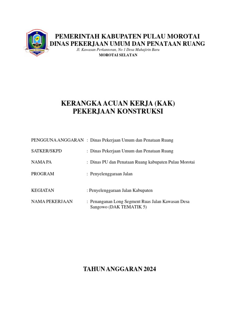 KAK Jalan Desa Sangowo | PDF