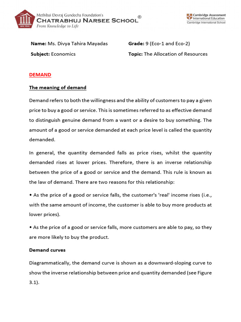 The Allocation of Resources - Demand | PDF | Demand | Demand Curve