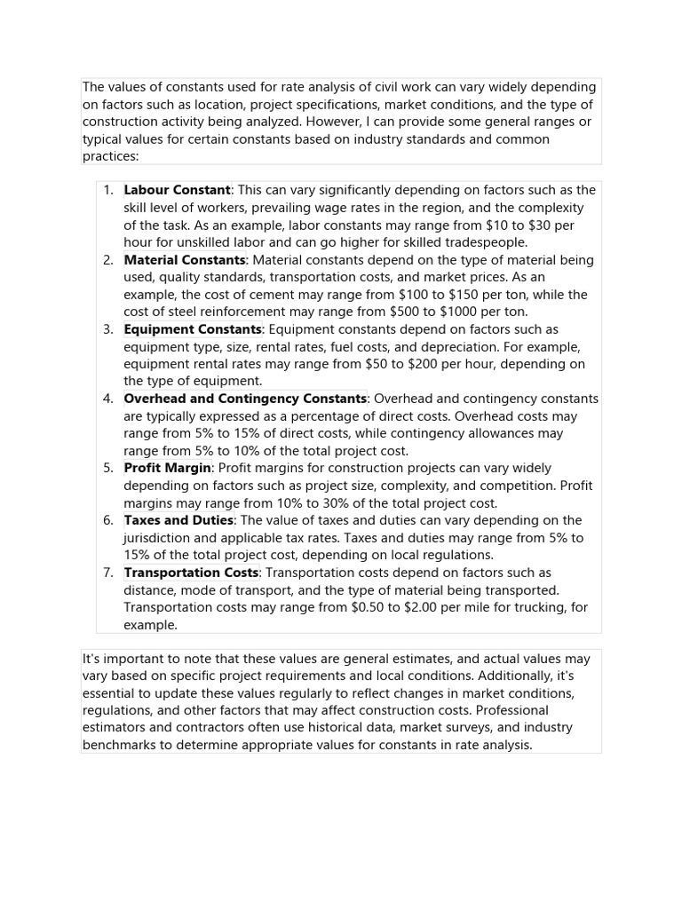 The Values of Constants Used For Rate Analysis of Civil Work | PDF ...
