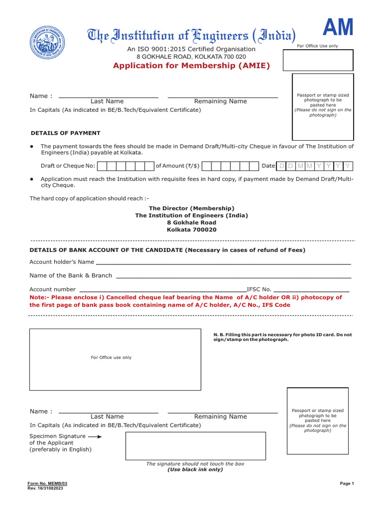 Application Form AssociateMember AM | PDF | Engineering | Cheque