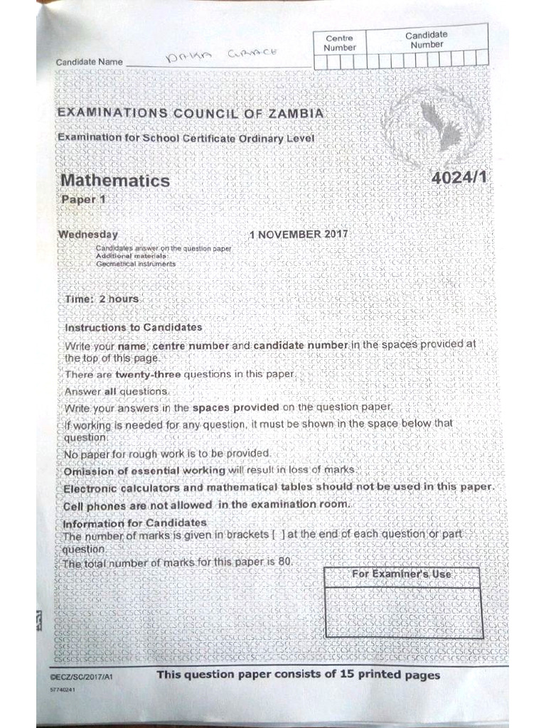 Maths Paper 1 (2017) G12 | PDF