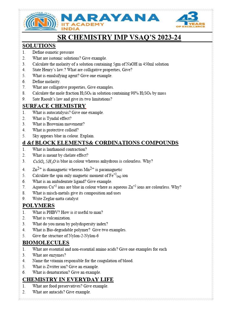 SR Chemistry Imp Vsaq 2023-24-1 | PDF | Chlorine | Chemical Reactions