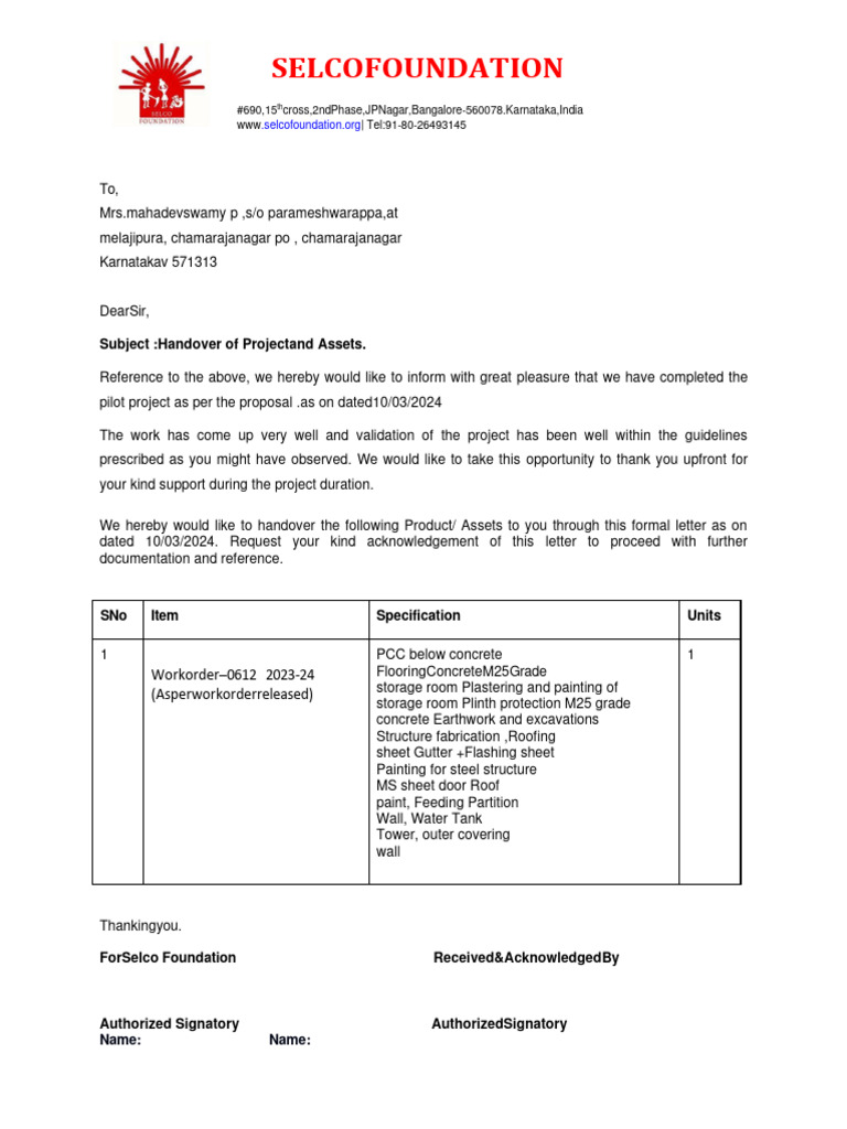 Project Assets Handover Letter - Selco Foundation | PDF