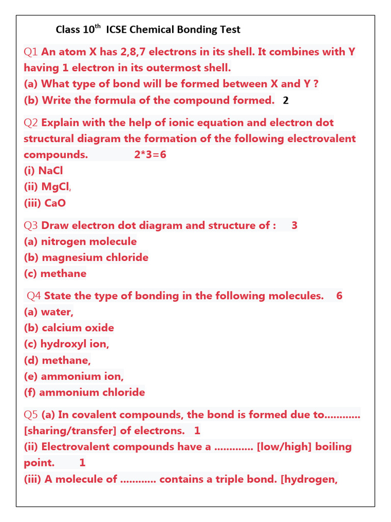 Class 10th ICSE Chemical Bonding Test | PDF | Science & Mathematics