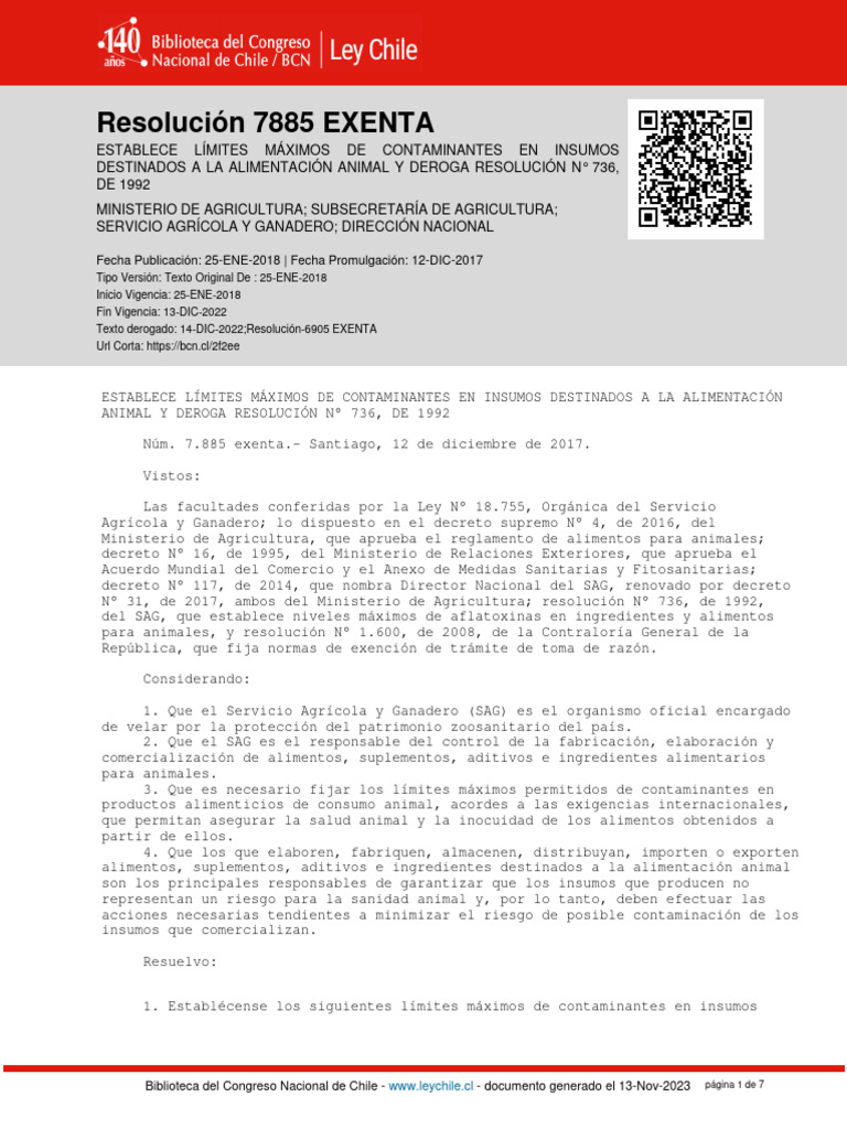 Resolucion 7885 Exenta 25 Ene 2018 | PDF | Alimentos | Contaminación