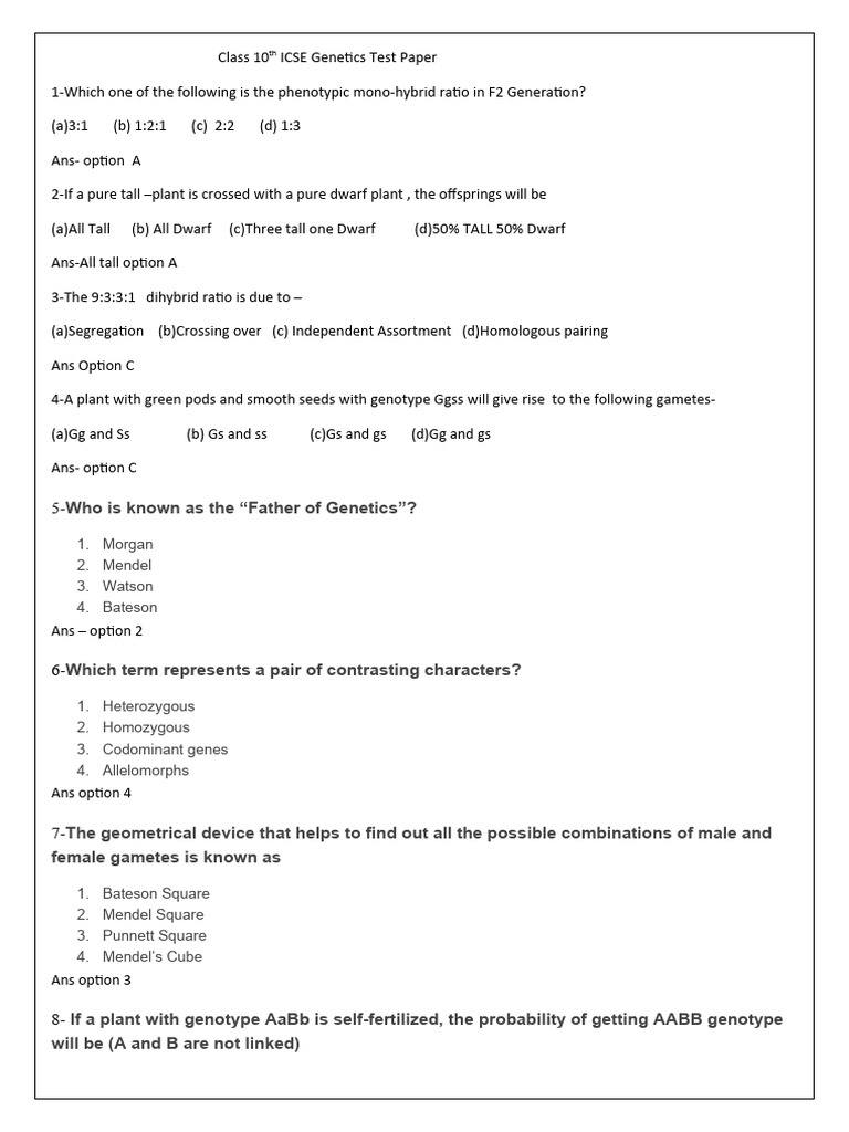 Class 10th ICSE Genetics Test Paper Genetics | PDF | Dominance ...