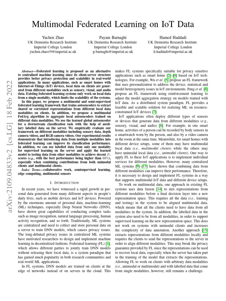 Multimodal Federated Learning On Iot Data: Yuchen Zhao Payam Barnaghi Hamed Haddadi | Download ...