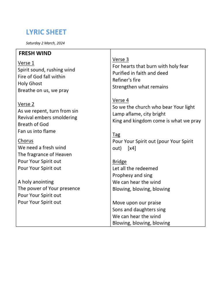 Fresh Wind Worship Lyrics | PDF