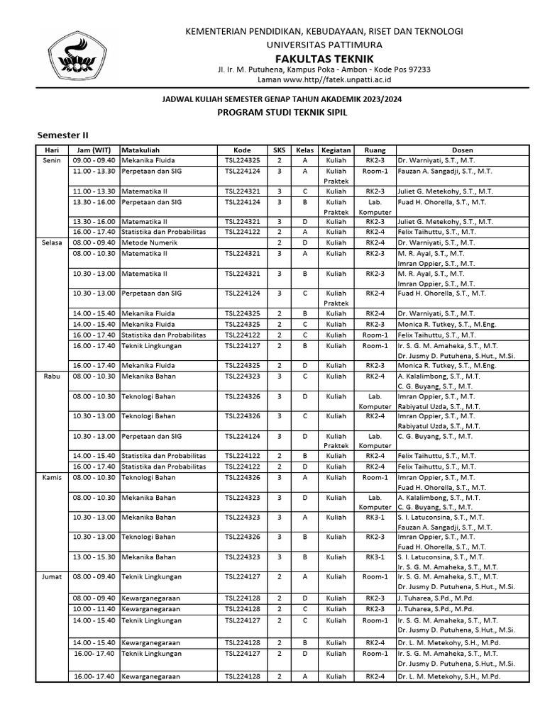 Jadwal Kuliah TS 2023-2024 Genap | PDF | Technology & Engineering