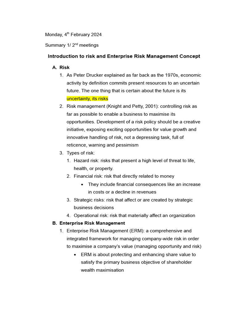 Class Notes Summary 1 Introduction To Risk And Enterprise Risk