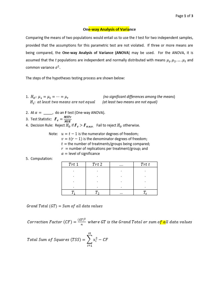 One-Way ANOVA Decision Rule Guide | PDF | Analysis Of Variance ...