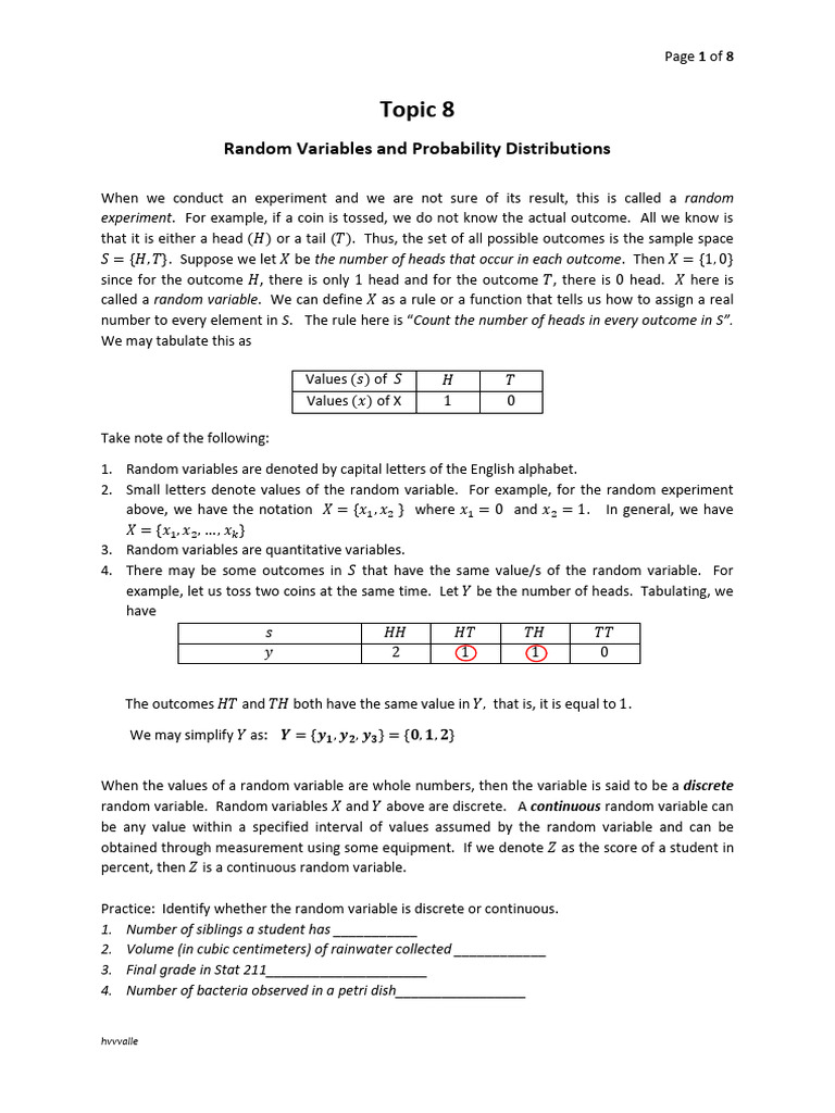 TOPIC8. Random Variables and Probability Distributions | PDF | Probability Distribution | Random ...