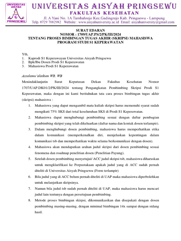 SURAT EDARAN PROSES BIMBINGAN SKRIPSI REGULER 23-24 Genap | PDF