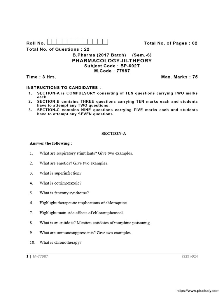 Pharmacology III Exam Question Paper | PDF | Drugs | Pharmacology