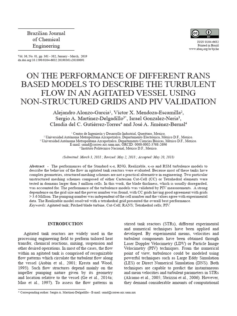 On The Performance of Different Rans Based Models To Describe The Turbulent Flow in An Agitated ...